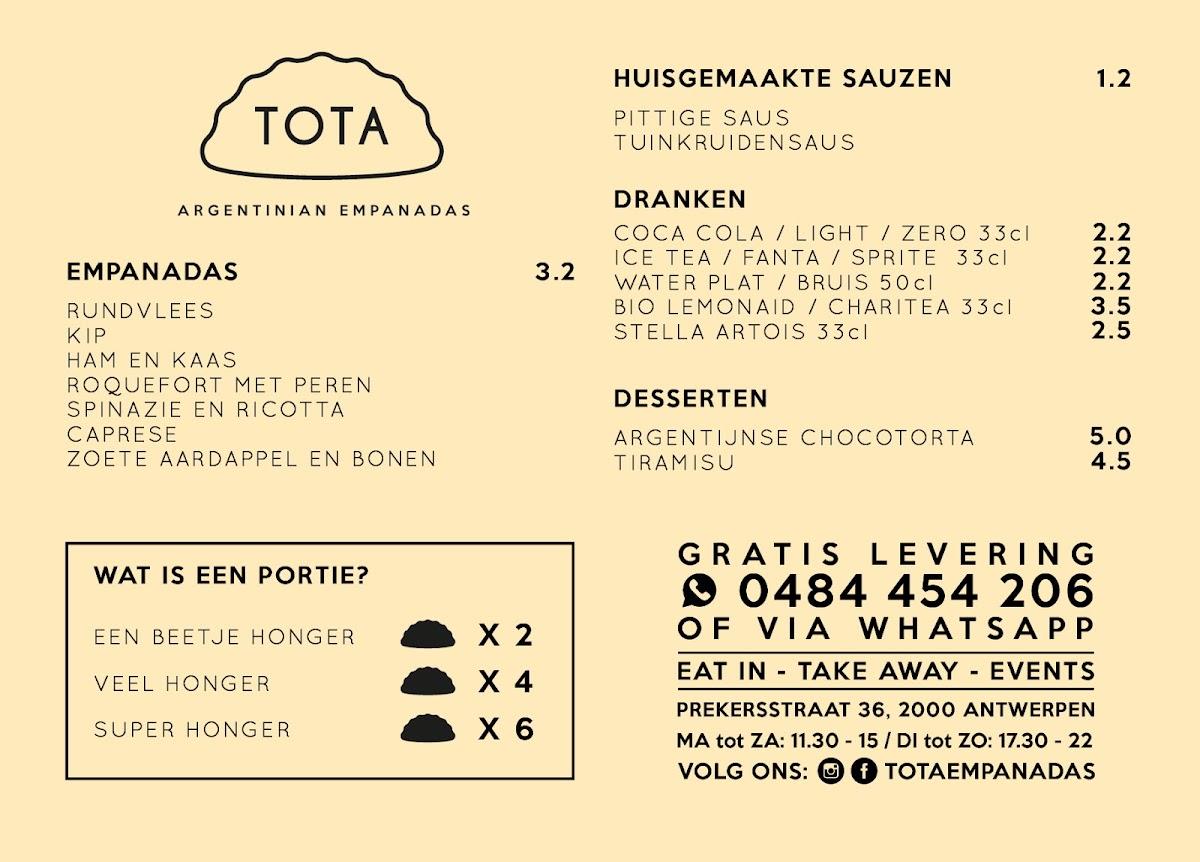 Speisekarte von Tota - Empanadas Argentinas, Antwerpen, Hoogstraat 24