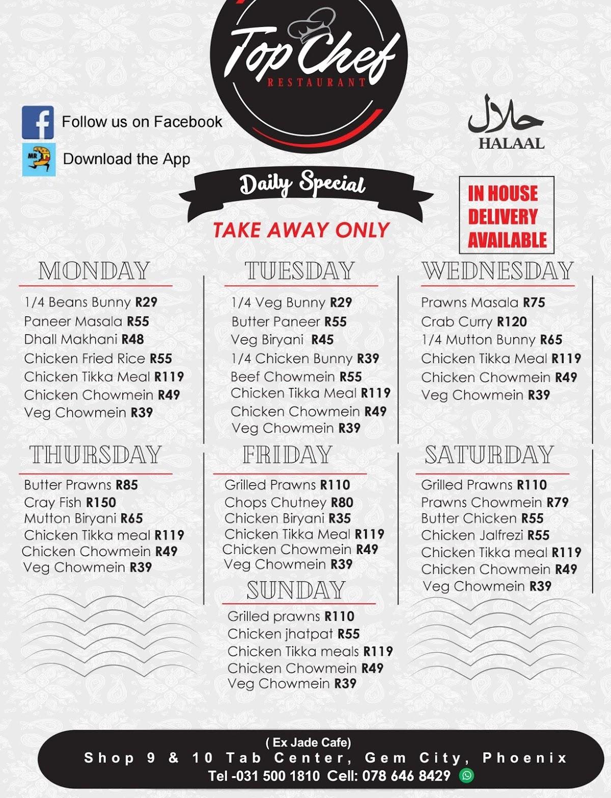 Menu at Top Chef restaurant, Verulam