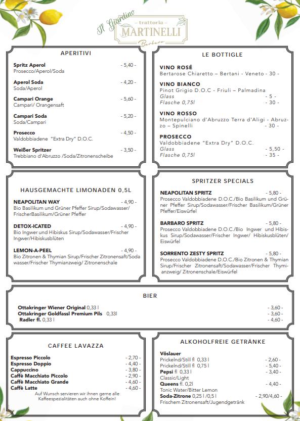 Menu au Trattoria Martinelli restaurant, Vienne