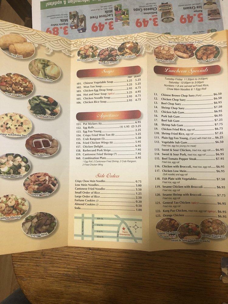 Menu at Yee's Oriental Inn restaurant, Kenosha