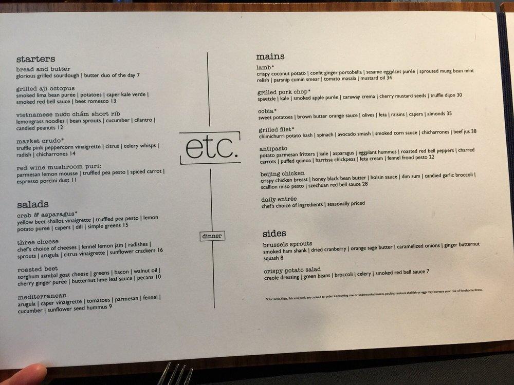 Menu at etc. restaurant, Nashville