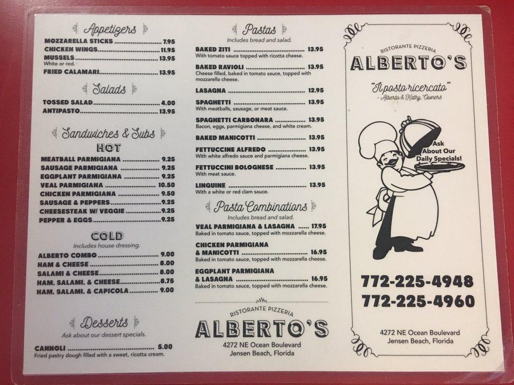 Menu at Alberto's Italian restaurant and Pizza, Jensen Beach