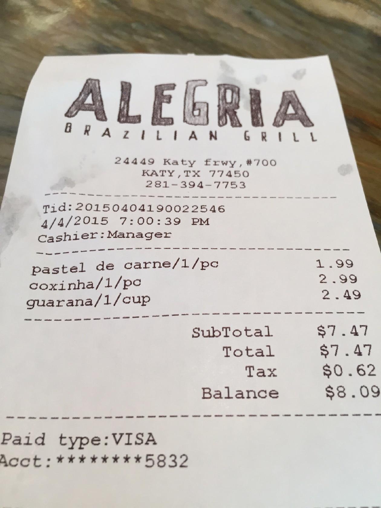 Menu at Alegria restaurant, Katy
