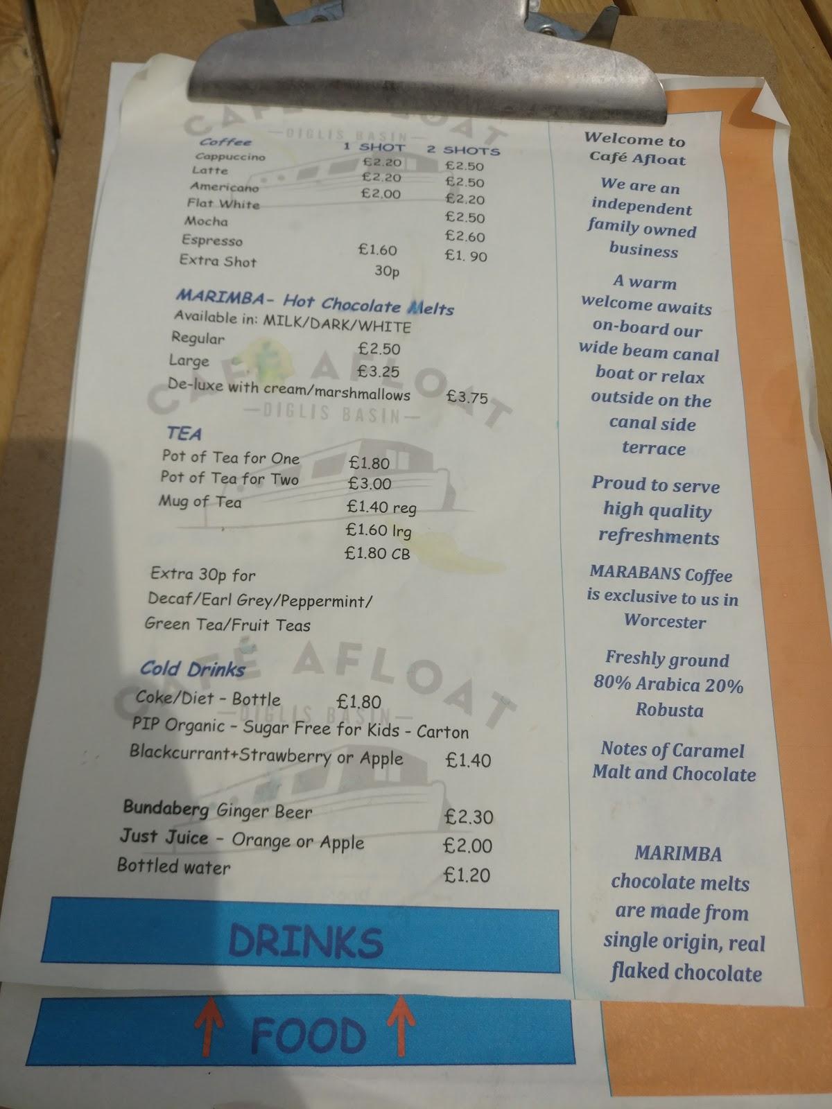 Menu at Café Afloat cafe, Worcester
