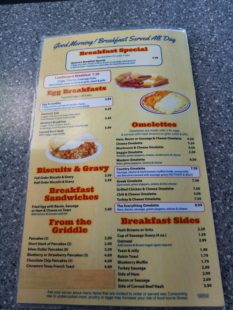 Menu at Geneva's Burgers restaurant, Eastpointe