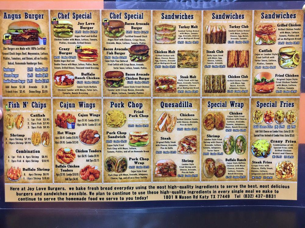 Menu at Joy Love Burgers restaurant, Houston, N Mason Rd