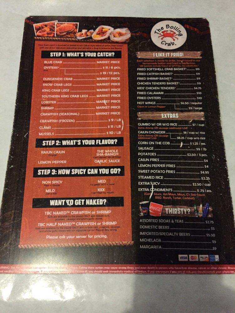 Menu at The Boiling Crab restaurant, Las Vegas, S Decatur Blvd