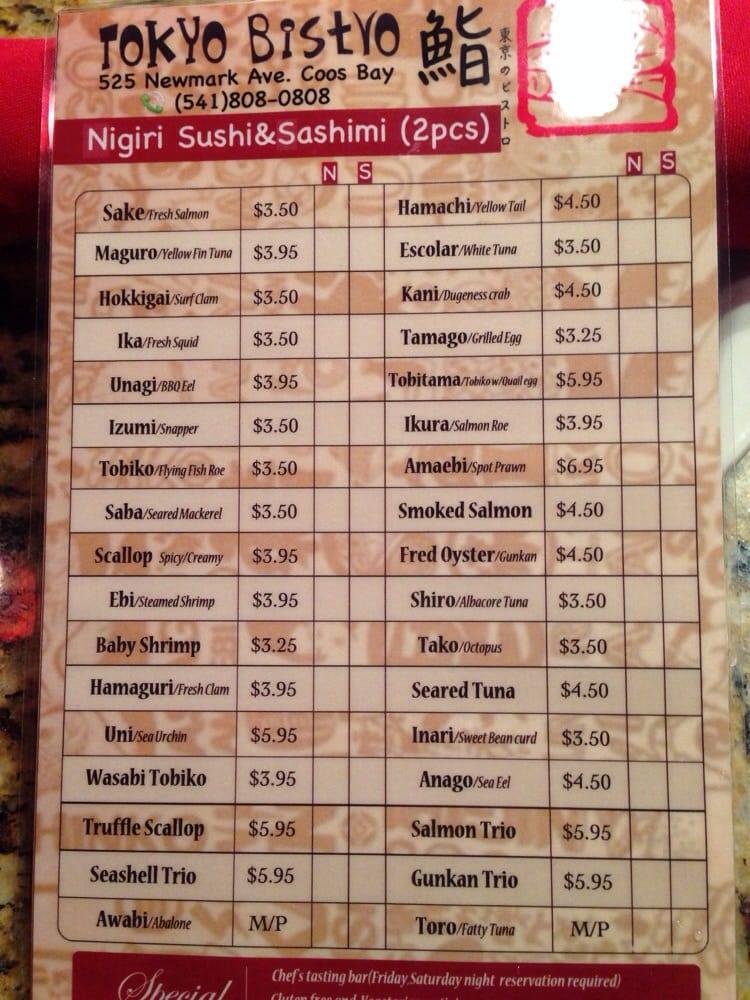 Menu at Tokyo Bistro restaurant, Coos Bay