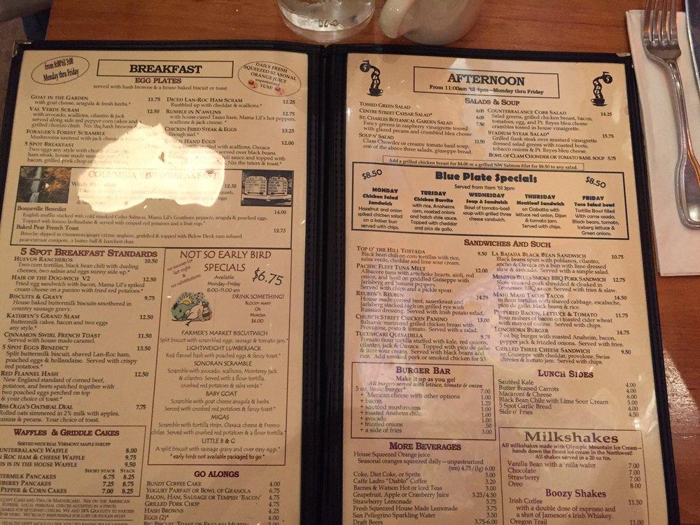 Menu at 5 Spot restaurant, Seattle
