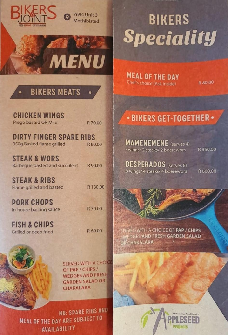 Menu at BIKER'S JOINT CAFE MOTHIBISTAD, Mothibistad