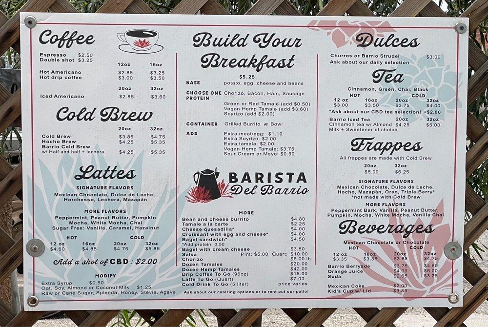 Menu at Barista del Barrio, Tucson