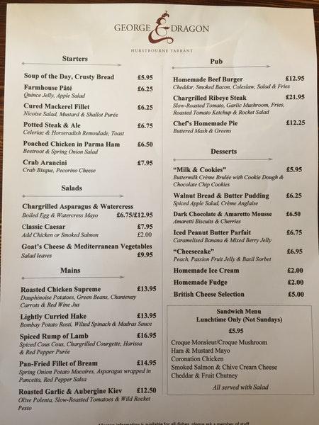 Menu at George & Dragon pub & bar, Hurstbourne Tarrant