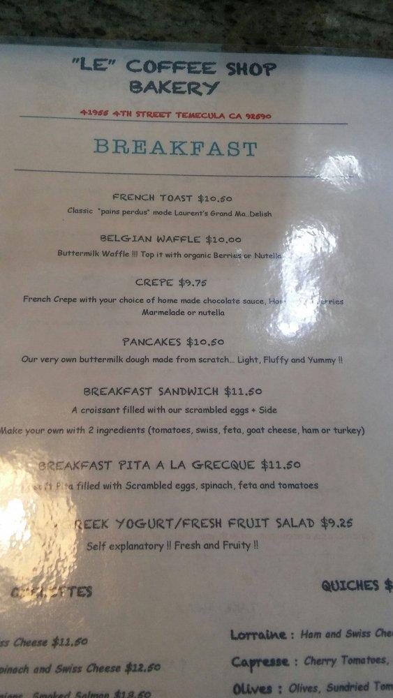 Menu at Le Coffee Shop cafe, Temecula, 4th St