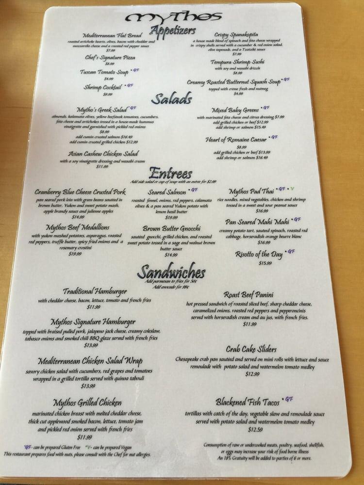 Menu at Mythos Restaurant, Orlando