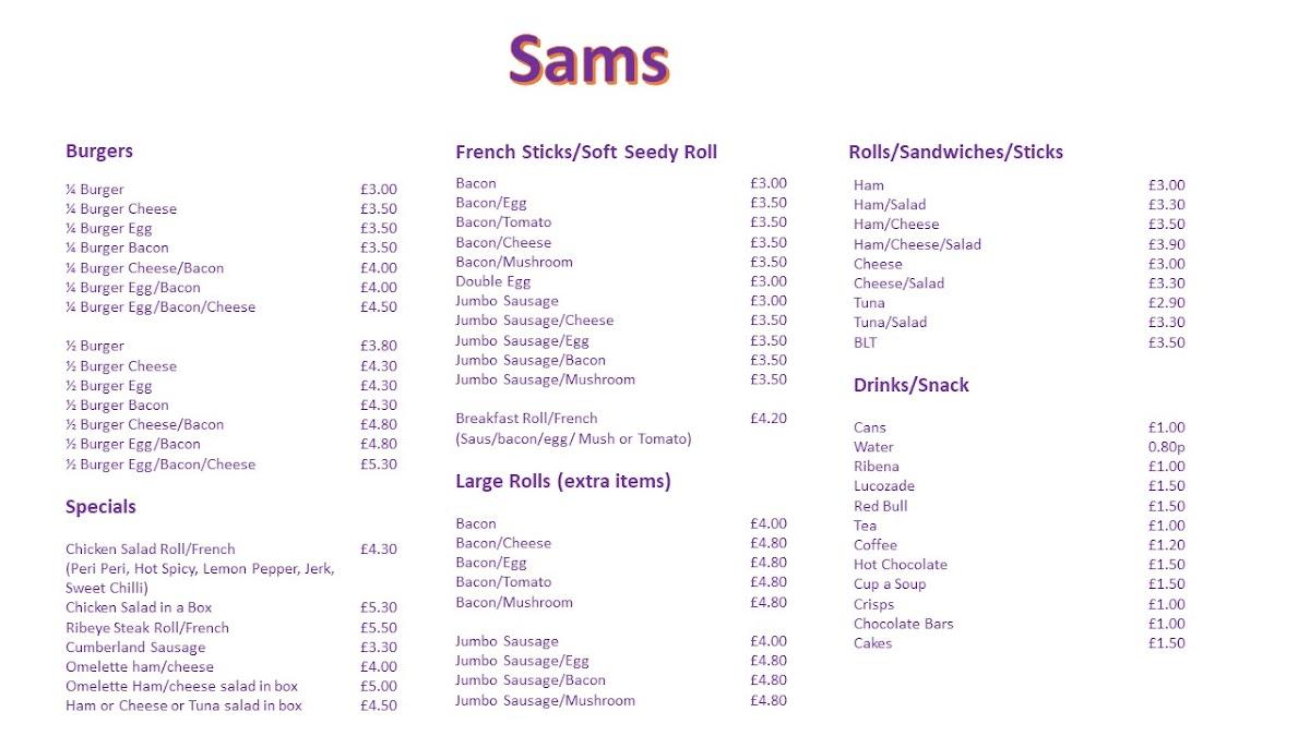 Menu at Sams Cafe, Enfield