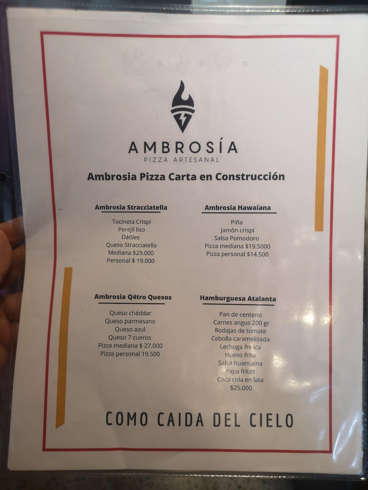 Menu at Ambrosía Gourmet restaurant, Bogotá