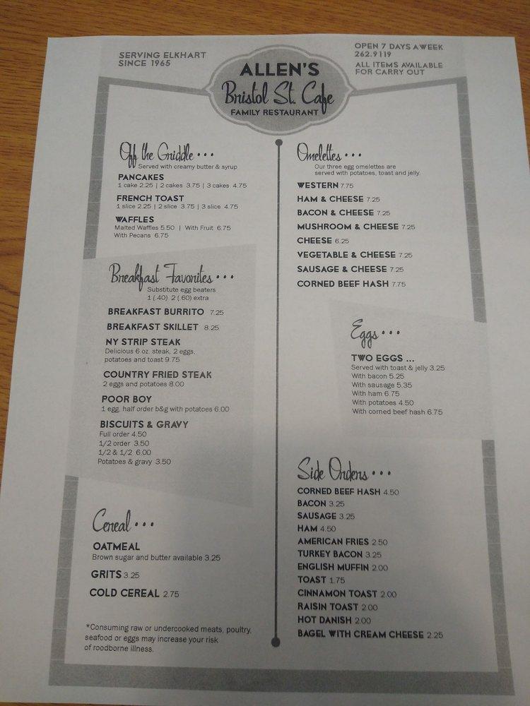 Menu at Bristol Street Cafe, Elkhart