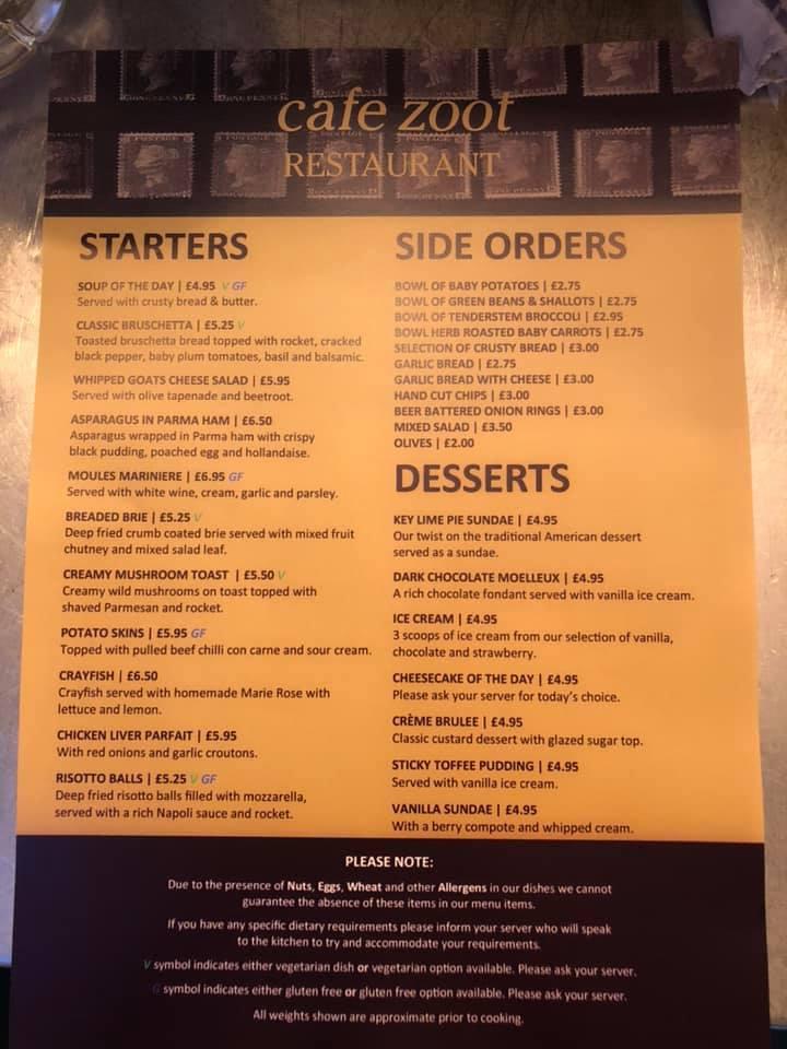 Menu at Cafe Zoot, Lincoln