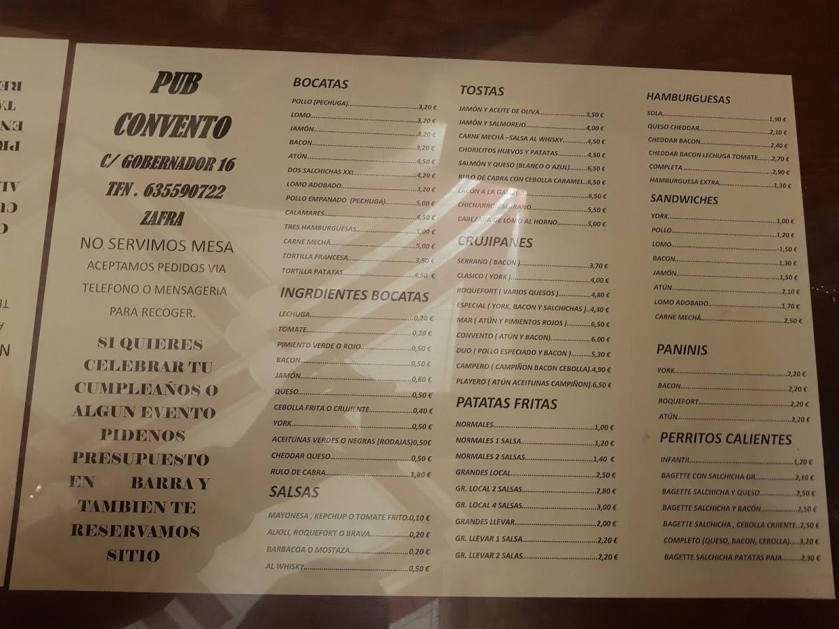 Carta de pub bocateria el convento, Zafra