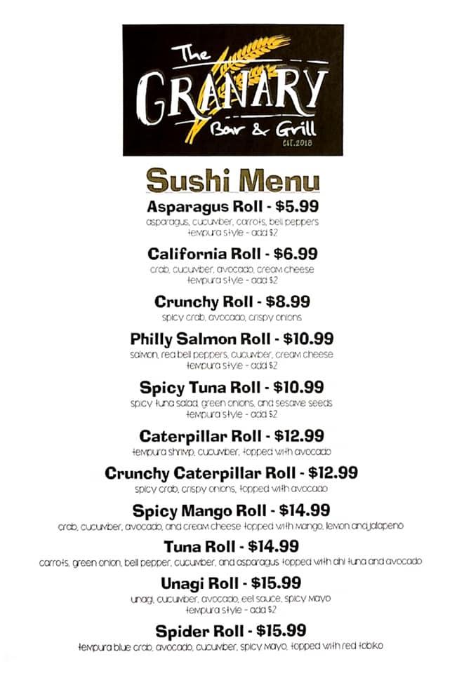 Menu at Granary Bar & Grill, Monticello