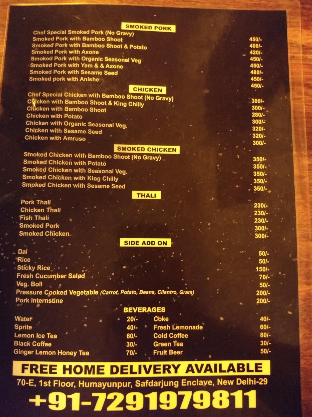 Menu at Heritage Naga Food, New Delhi