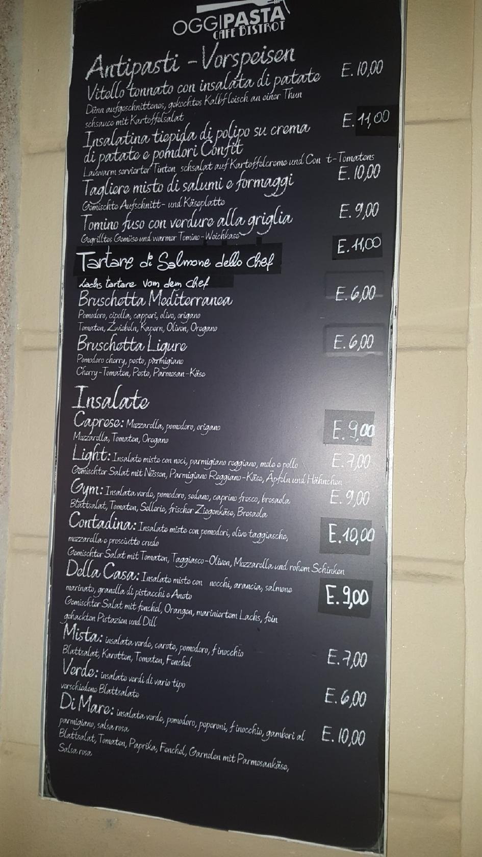 Speisekarte von Oggi Pasta restaurant, Cannobio