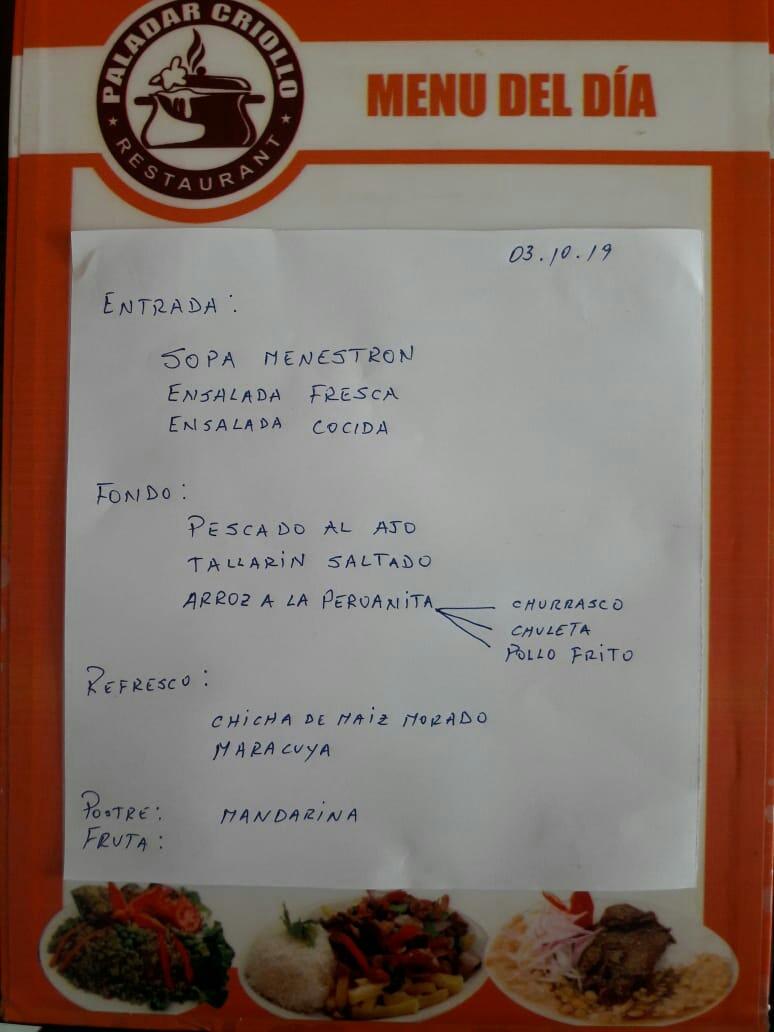Menu at Paladar Criollo Restaurant, Lurin