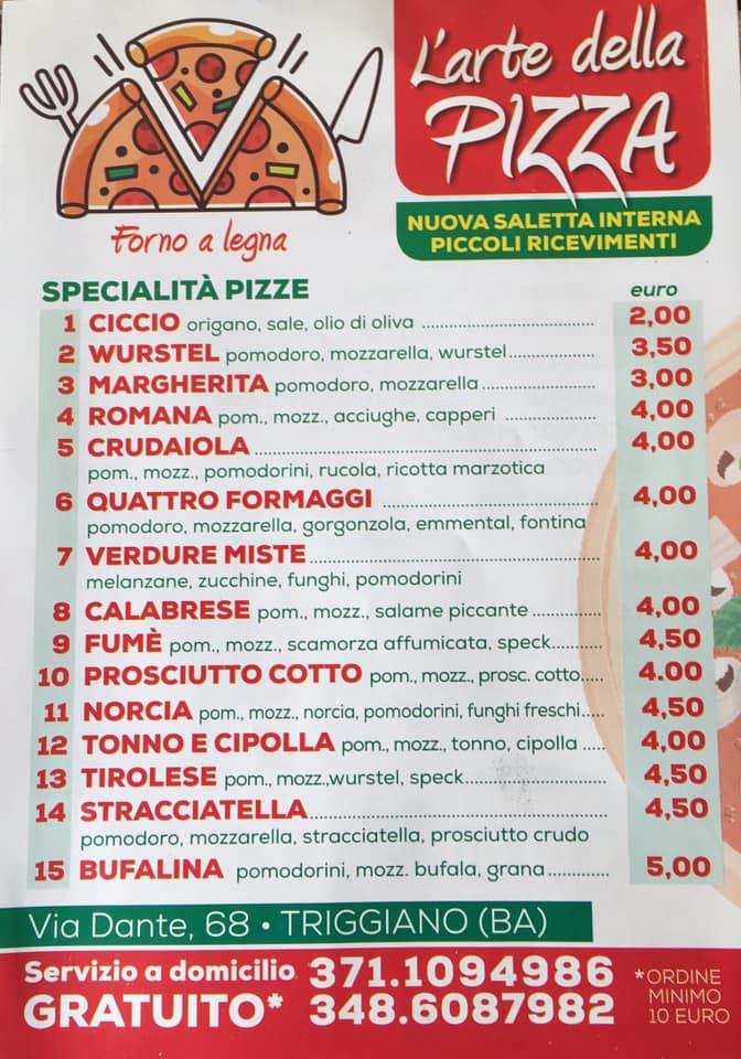 Menu da l’arte della pizza ristorante, Triggiano