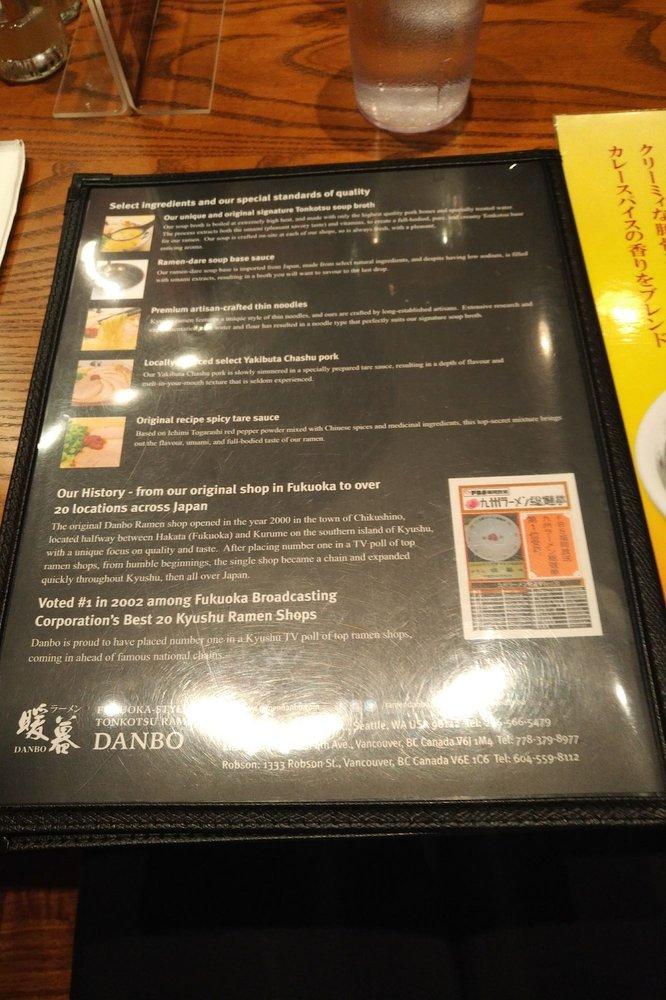 Menu at Ramen DANBO Capitol Hill restaurant, Seattle