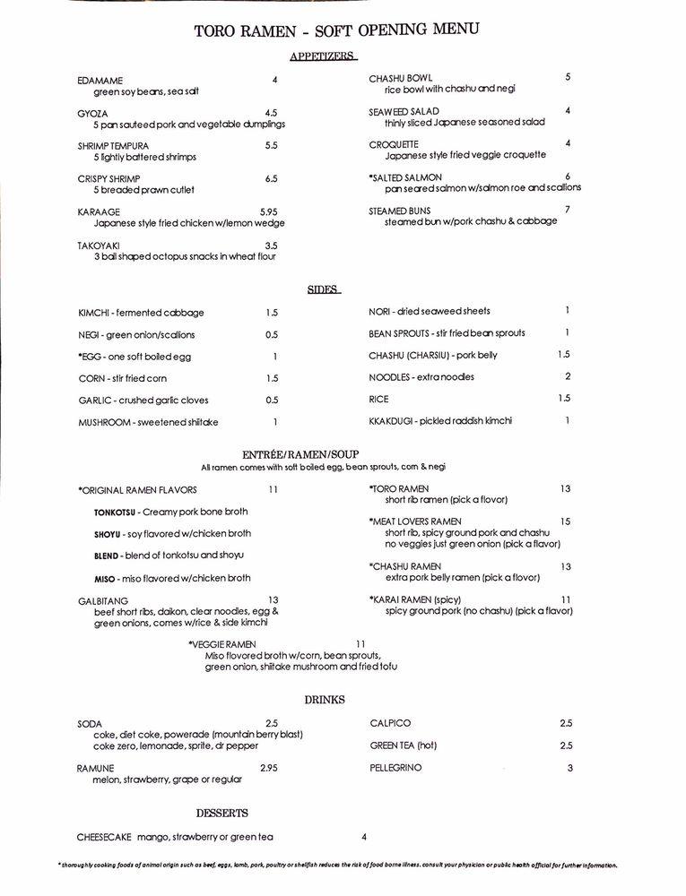 Menu at Toro Ramen restaurant, Midvale