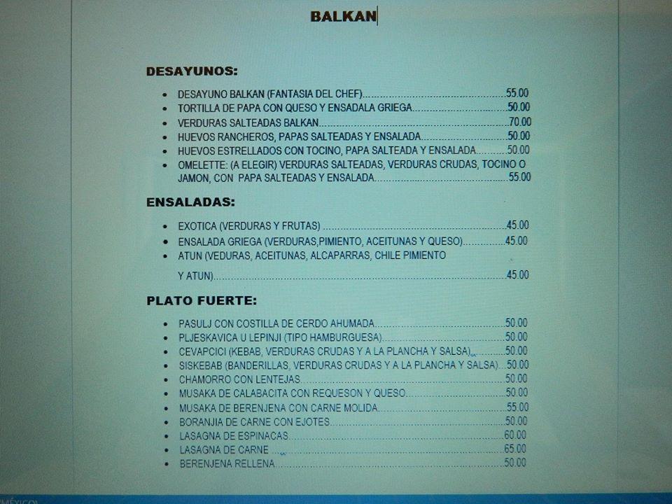Menu at Balkan restaurant, Tepic