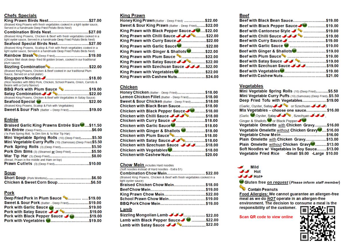 Menu at Chan's Chinese Restaurant Mylestom, Mylestom