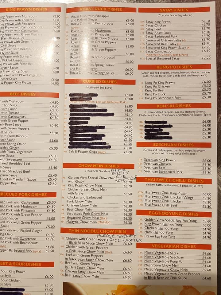 Menu at Golden View restaurant, Glasgow, 306 Dyke Rd