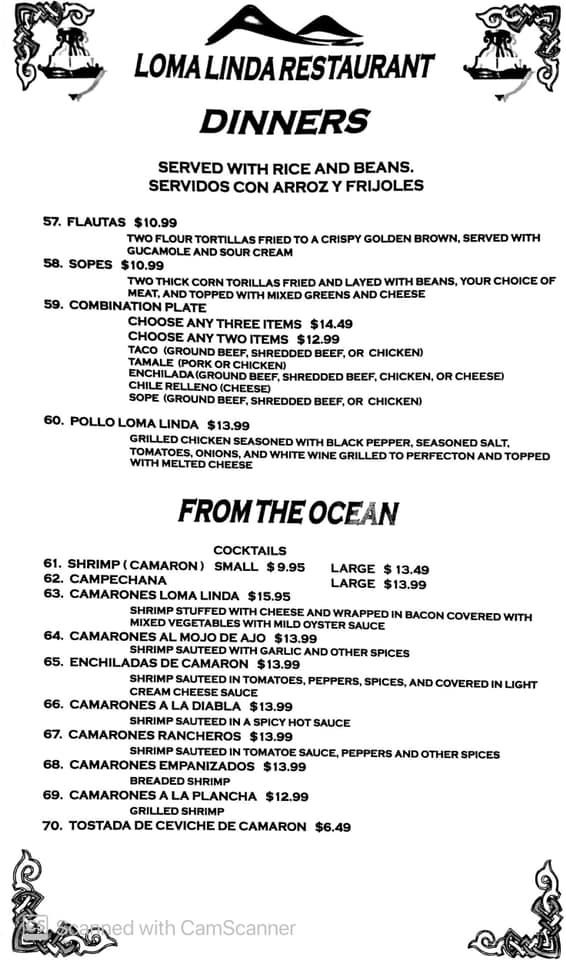 Menu at Loma Linda restaurant, Bakersfield