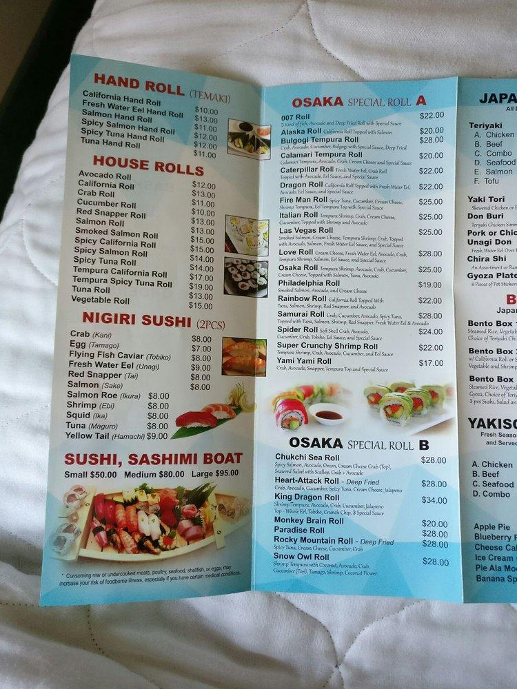 Menu at Osaka Restaurant, Utqiagvik