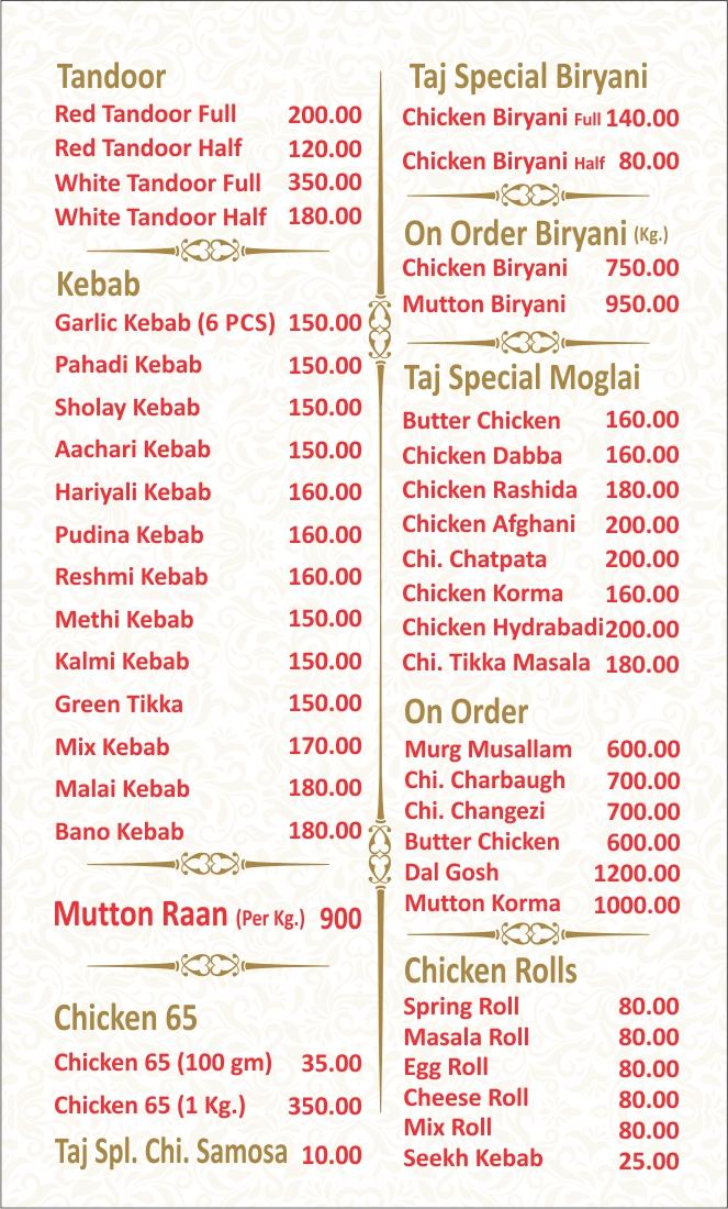 Menu at Taj Xprs, Satara, Rajpath Rd