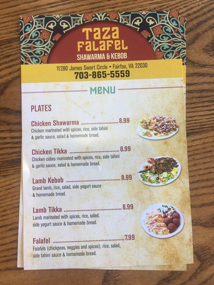 Menu at Taza Falafel restaurant, Fairfax