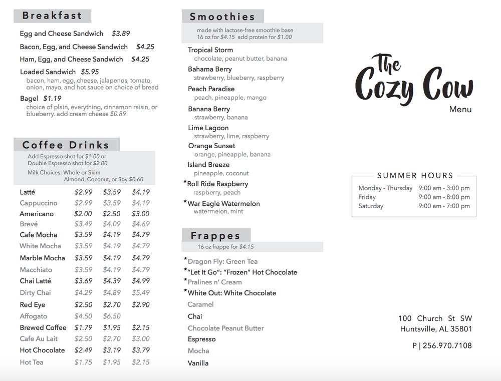 Menu at The Cozy Cow cafe, Huntsville
