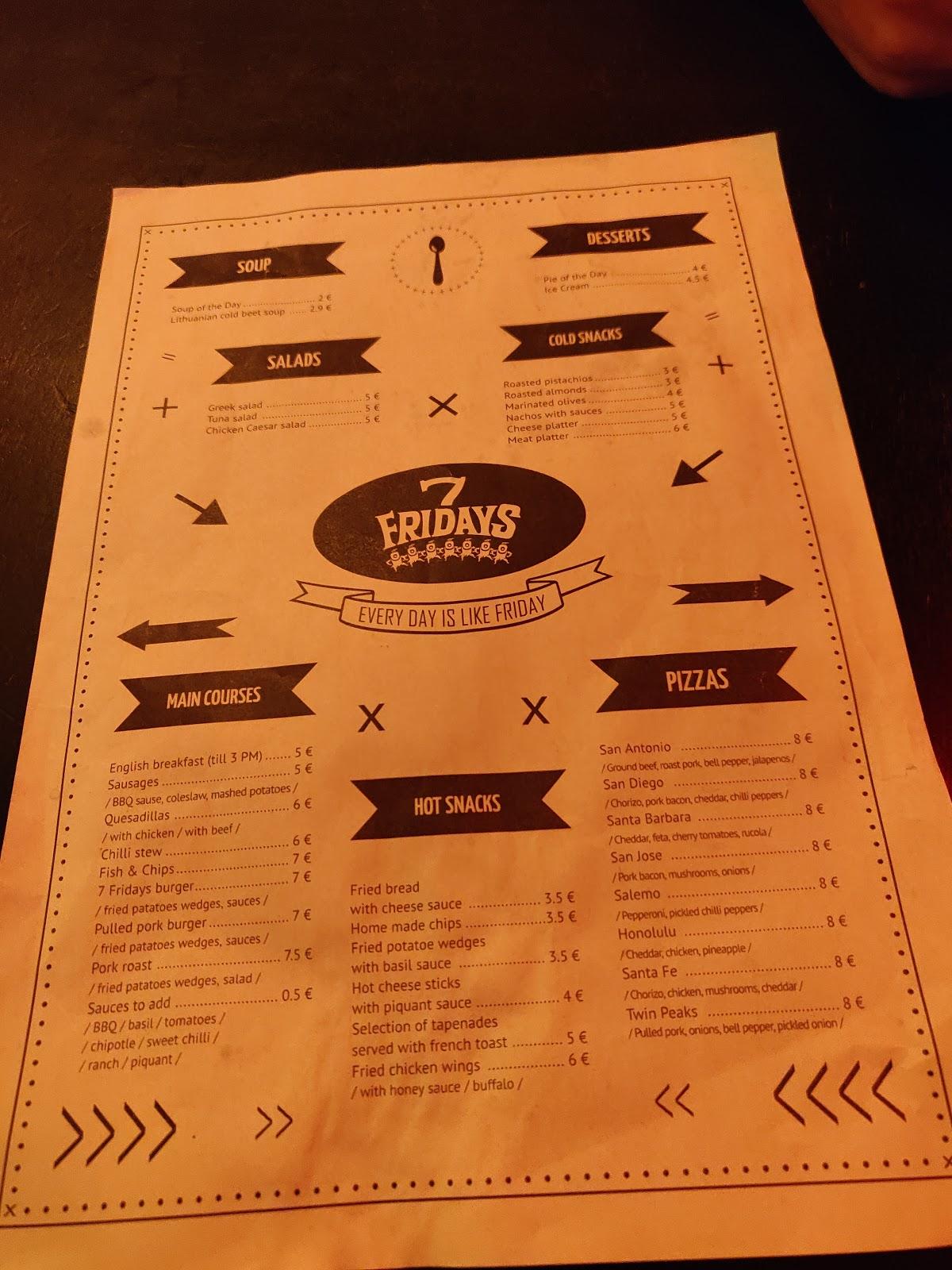 Menu at 7 Fridays bar, Vilnius