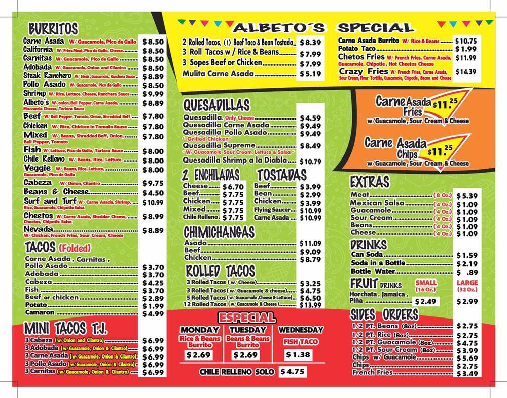 Menu at Albeto's Taco Shop restaurant, Henderson