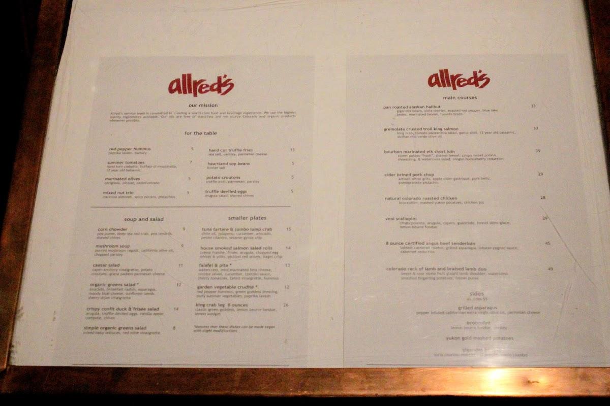 Menu at Allred's Restaurant, Mountain Village, San Sophia Station