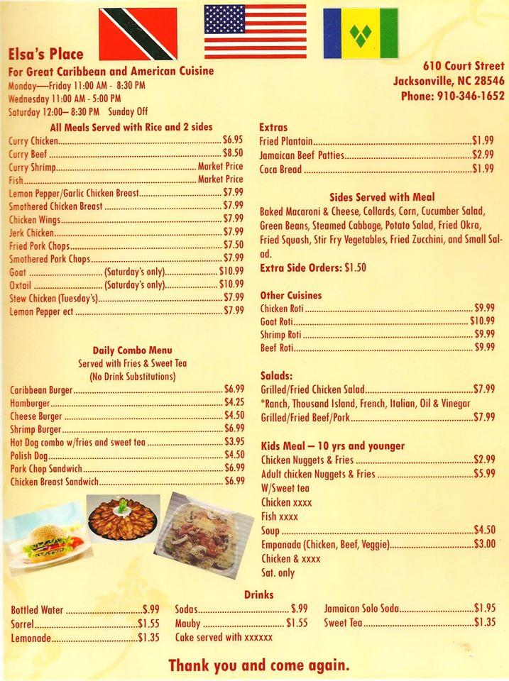 Menu at Elsa's Place restaurant, Jacksonville