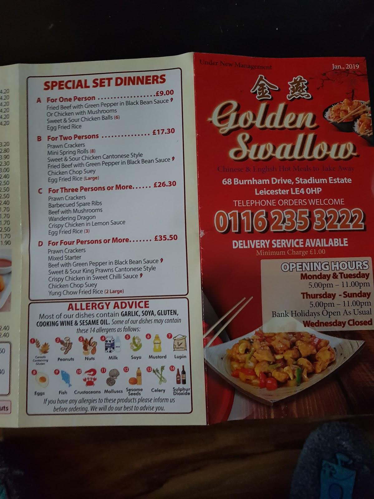 Menu at Golden Swallow restaurant, Leicester