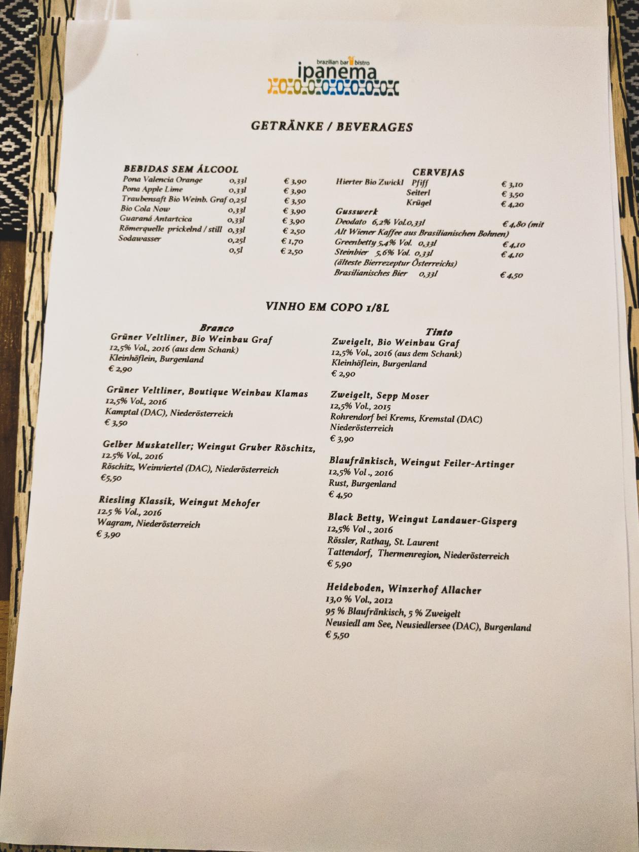 Menu at Ipanema Brazil Bar & Bistro, Vienna