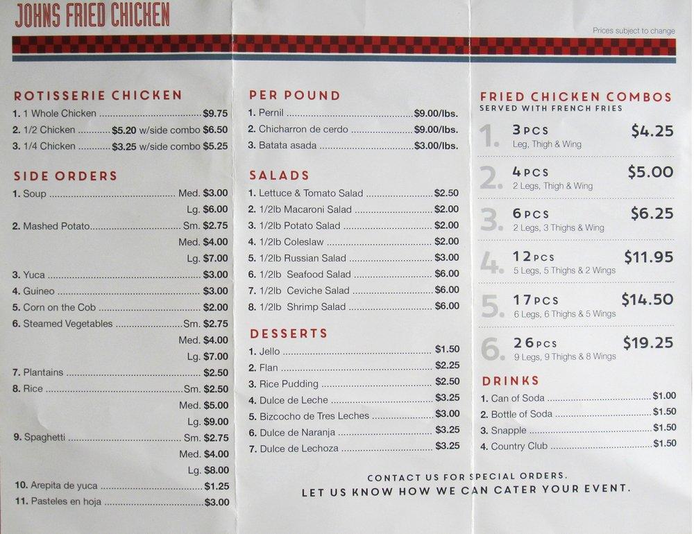 Menu at John's Fried Chicken restaurant, Union City