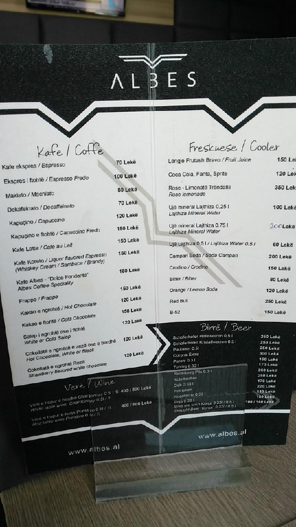 Menu at Kompleksi ALBES restaurant, Fier