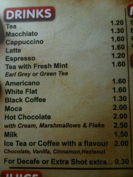 Menu at Norah cafe, Leicester