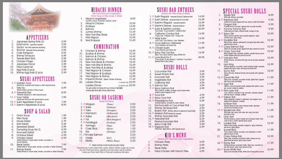 Carta del restaurante Sumo, Steubenville