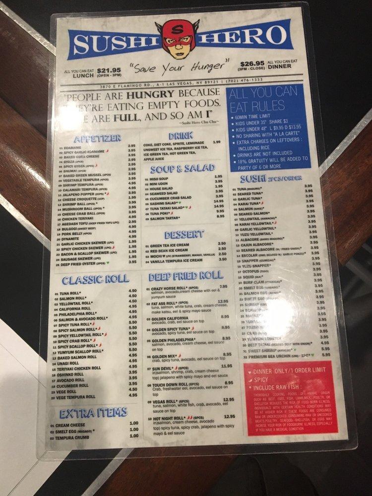 Menu at Sushi Hero restaurant, Las Vegas
