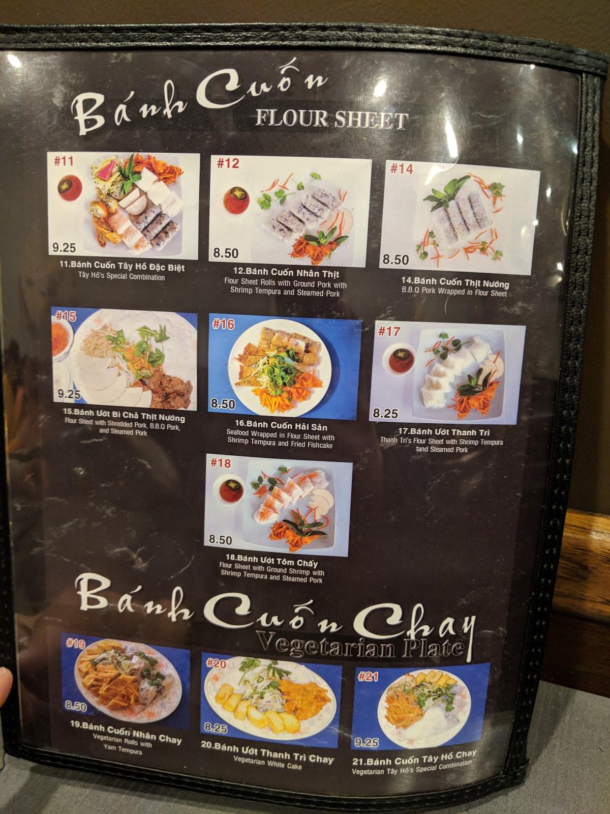 Menu at Tay Ho restaurant, Santa Clara